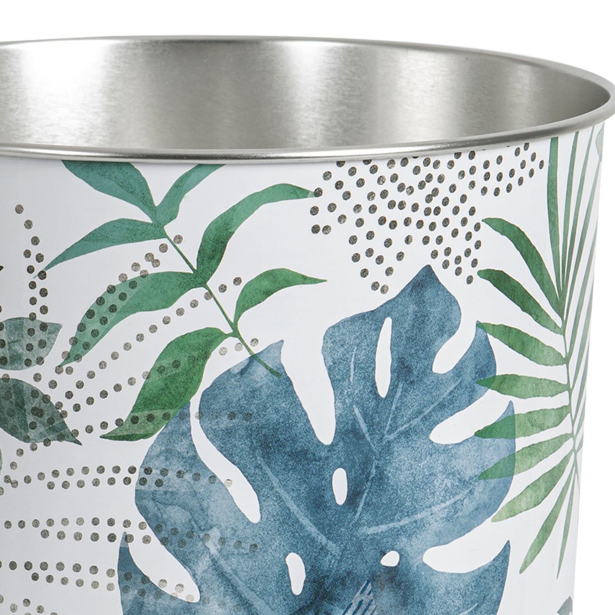 Allure Home Creation Blue Palm Leaves Metal Wastebasket-Small Size-1.5 Gallons