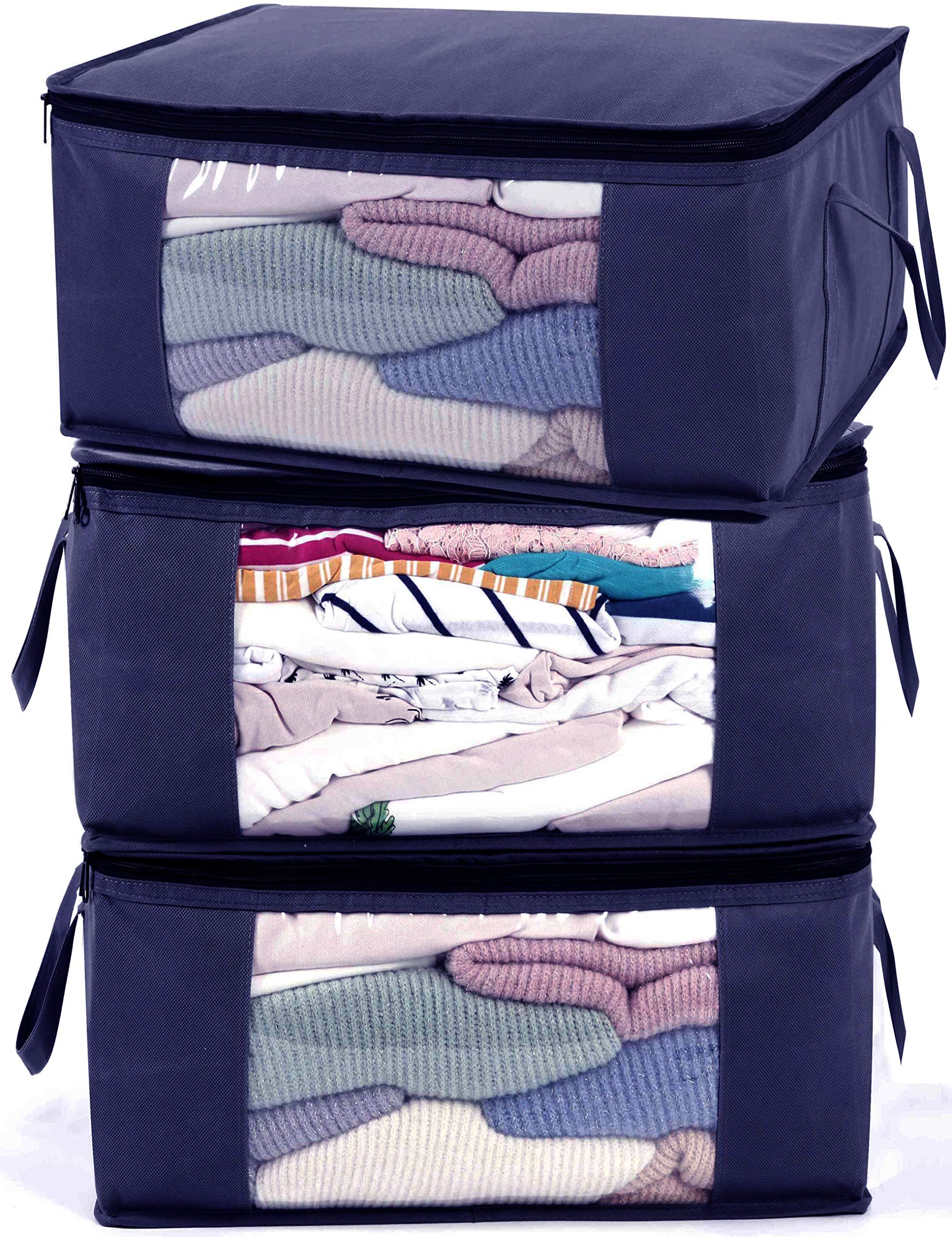 ABO Gear Storage Bins Storage Bags Closet Organizers Sweater Storage Clothes Storage Containers with Handle 3pc Pack,Navy Blue