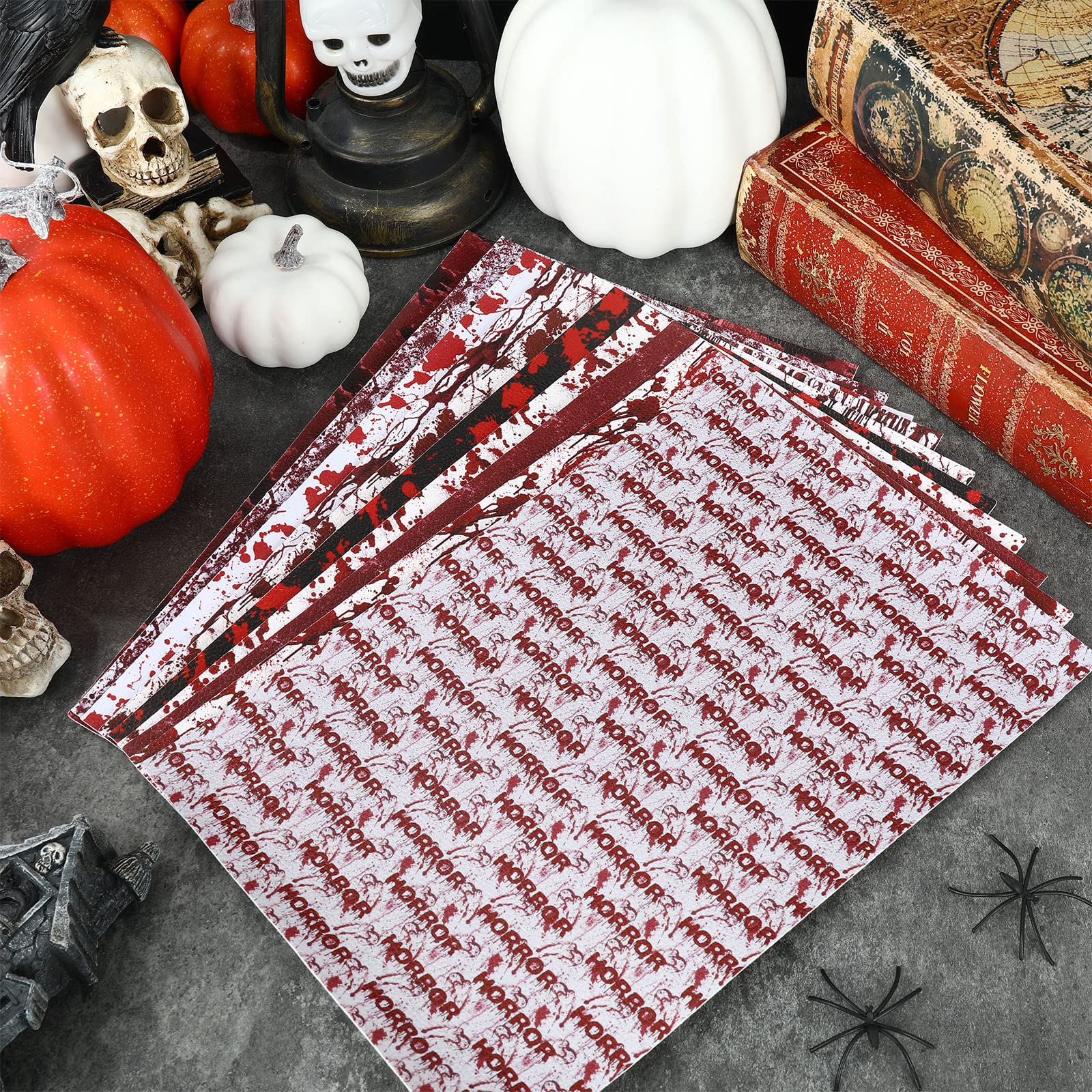 AnyDesign 10Pcs Halloween Theme Faux Leather Sheets Spooky Bloody Printed Synthetic Leathers Red White Black Scary Bloodstain Fabric Leathers for Halloween DIY Craft Earring Hair Bow Making, 8 x 12"