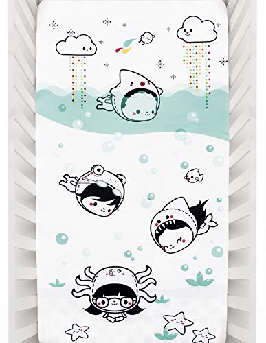Rookie Humans 100% Organic Cotton Sateen Fitted Crib Sheet: Dive in, Modern Nursery, Use as a Photo Background for Your Baby Pictures. Standard Crib Size (52 x 28 inches)