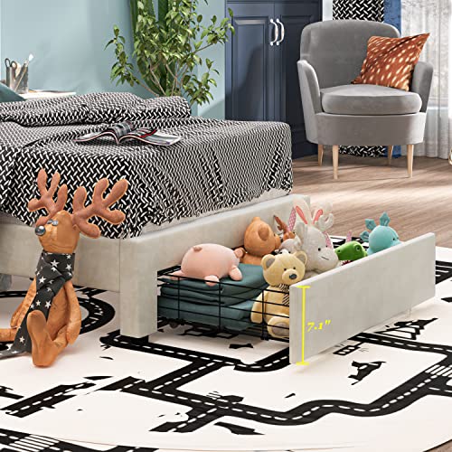 LIKIMIO Twin Bed Frame with XL Under-Bed Drawer, Velvet Upholstered Platform Bed Frame with Headboard, No Box Spring Needed/Noise-Free, Beige
