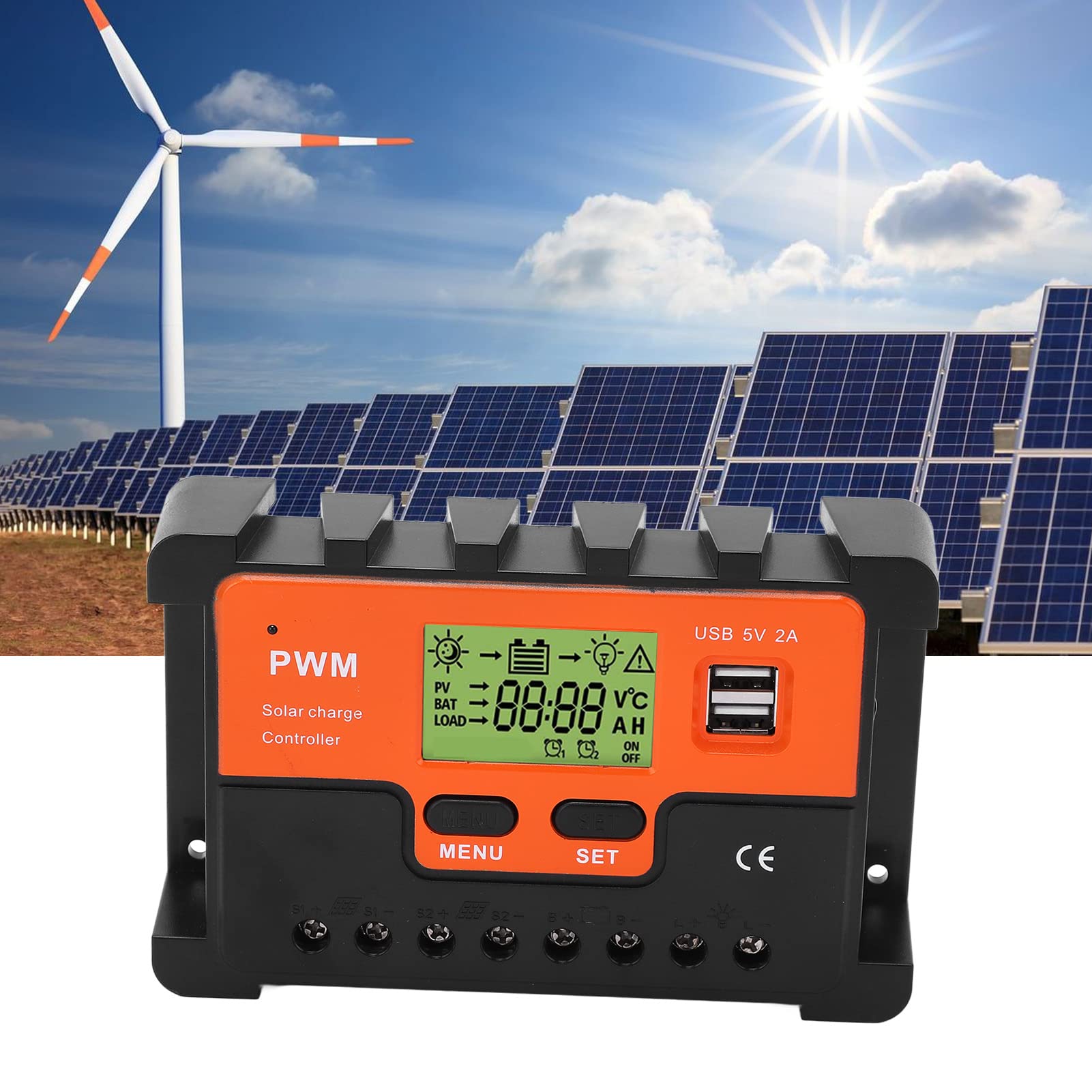 60A Solar Charge Controller PWM Charging LCD Display with 2 USB 5V Output 12V 24V 48V - Solar Panels, Charge Controllers for Solar Panels