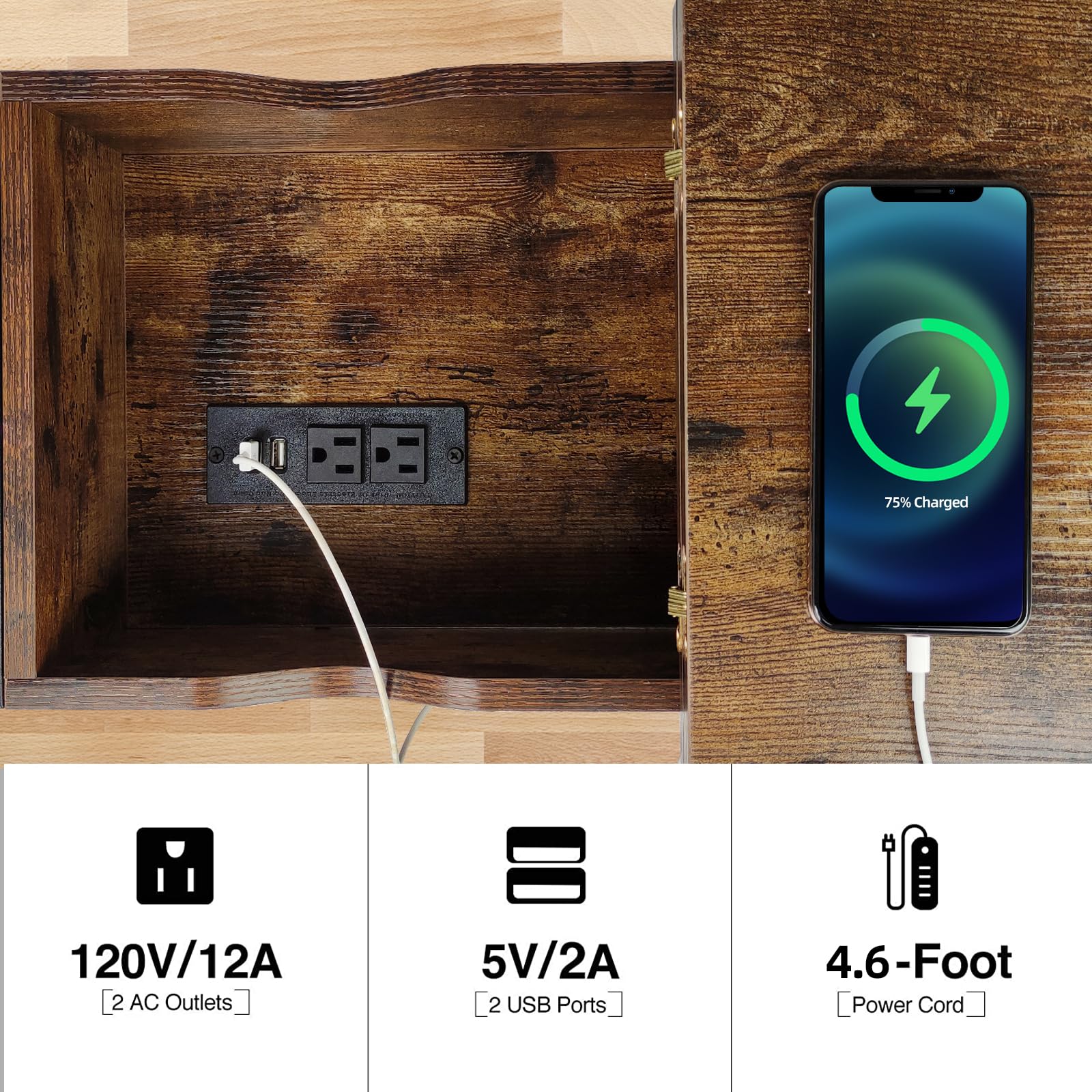 Flip Top Side Table with Hidden Charging Station - 12"Dร21"Wร26"H Compact End Table for Small Spaces, with Storage and 2 Shelves, Metal and Wood End Tables for Living Room, Slim Sofa Side Tables,Brown