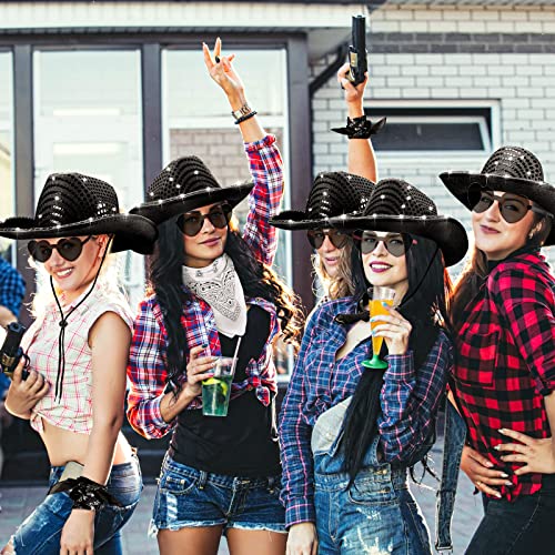 6 Pack Light Hat Space Cowgirl Hat LED Flashing Hat with 6 Heart Glasses 6 Paisley Bandanna Western Cowboy Costume(Black)
