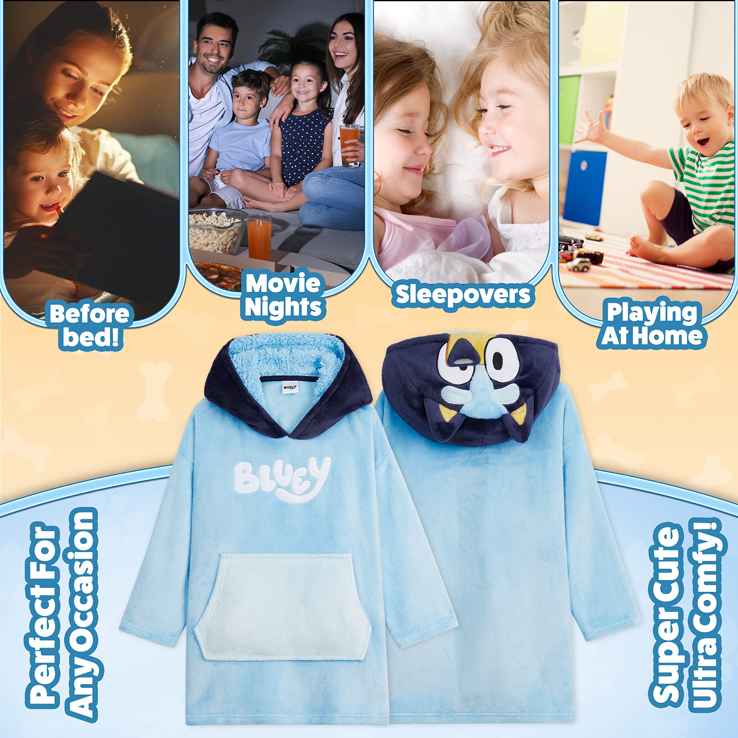 Bluey Girls Fleece Poncho - Cosy Fleece Oversized Hoodies for Kids (Blue/Navy, 4-6 Years)