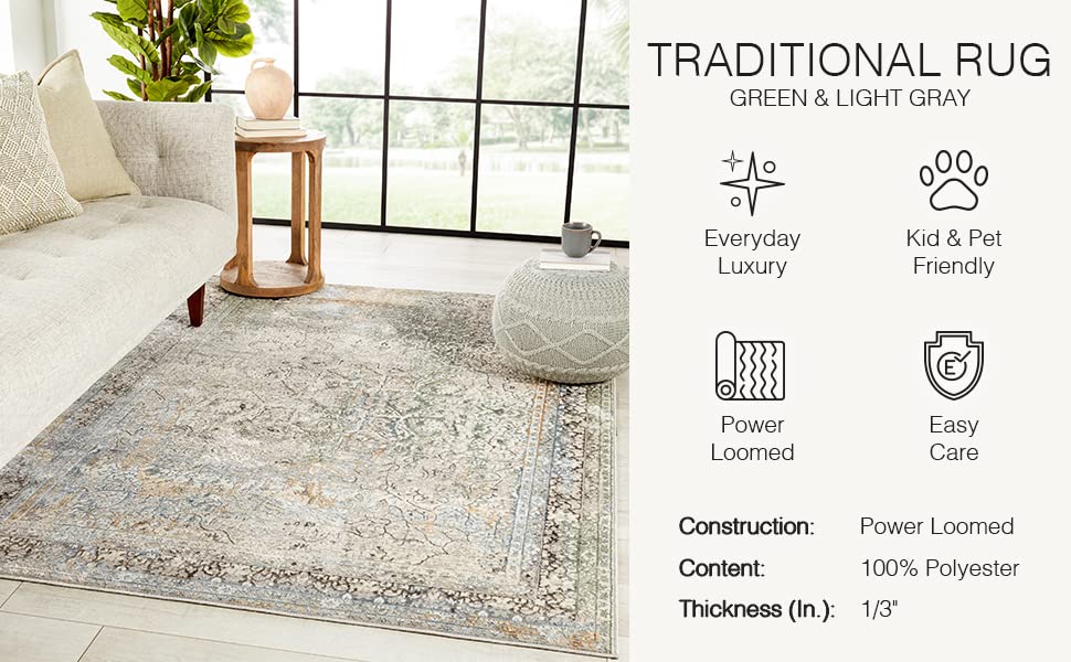 Jaipur Living Vibe Thayer 7'10"X10' Area Rug, Updated Traditional Green for Indoor Spaces
