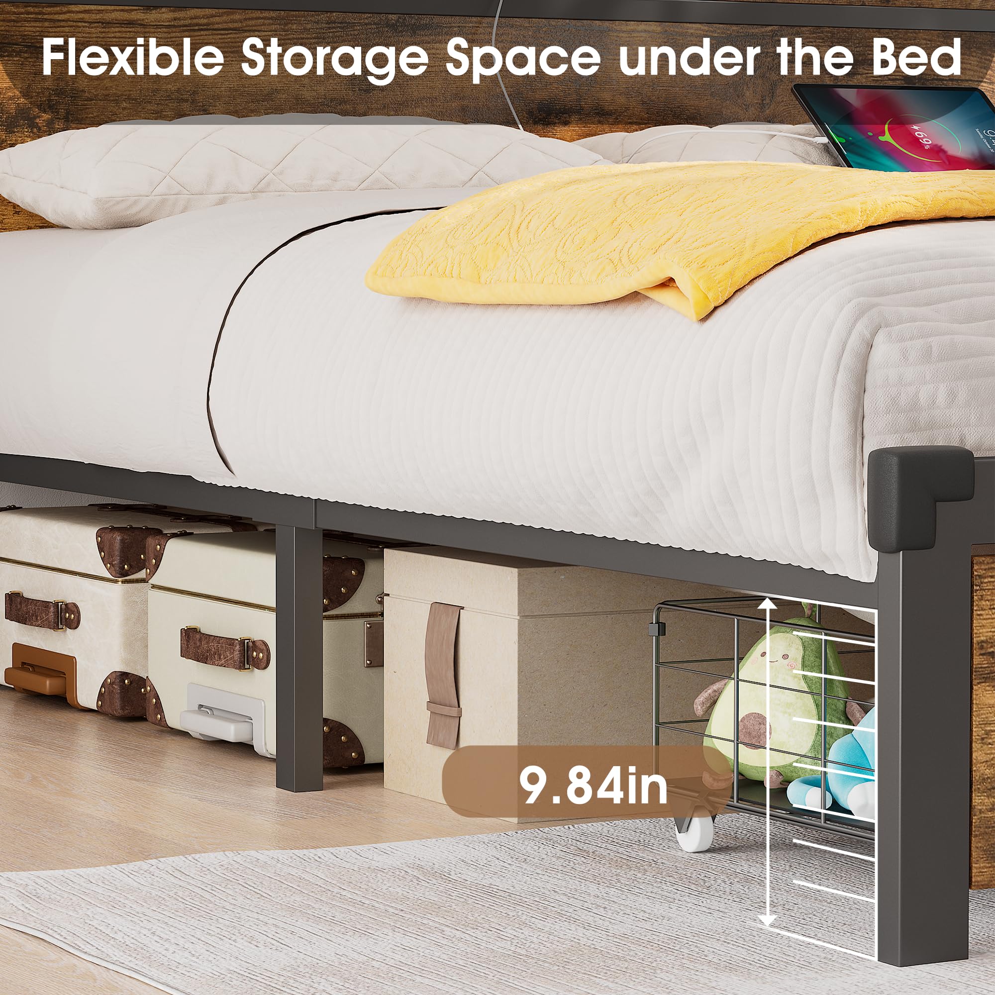 Alohappy Queen Bed Frame with Storage Headboard and Drawers,Metal Platform Bed Frame Queen Size with RGB Led Lights and Charging Station, No Nosie No Box Spring Needed (Queen (U.S. Standard))