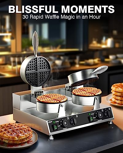 Commercial Waffle Maker PYY Double Waffle Maker Large Stainless Steel Waffle Maker Silver Non-stick Electric Chaffle Maker for Restaurant Party Food Stall