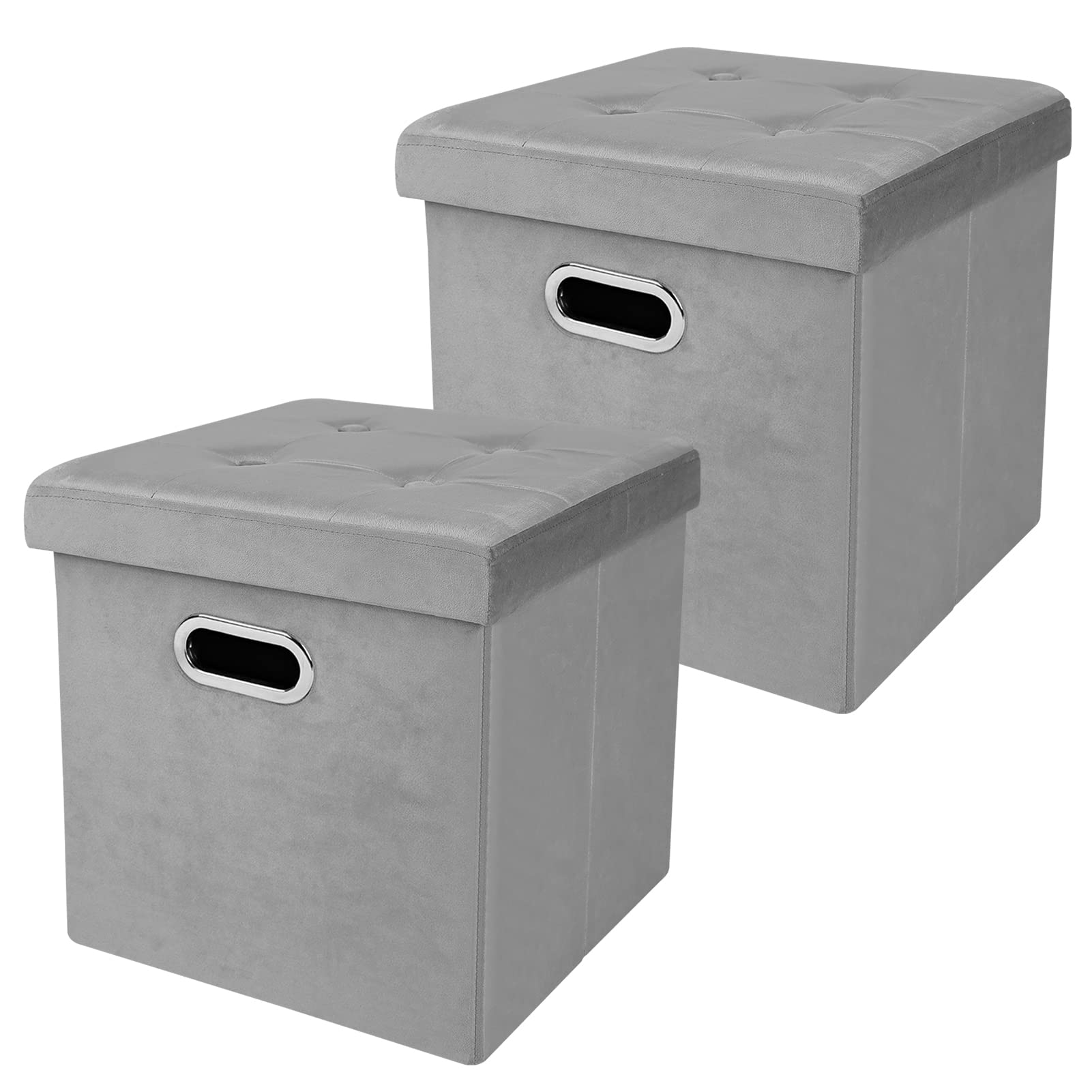 ACEHOME Storage Ottoman Cube, Velvet Button Tufted Ottoman with Storage, Folding Square Storage Ottoman with Tray, Cube Ottoman Storage with Handles, Small Footstool Rest Padded Seat, Grey, 2PC
