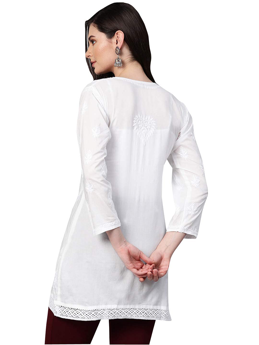 Ada Indian Hand Embroidered Chikankari White Cotton Top Tunic Kurti Shirt for Women A208704 (X-Small)