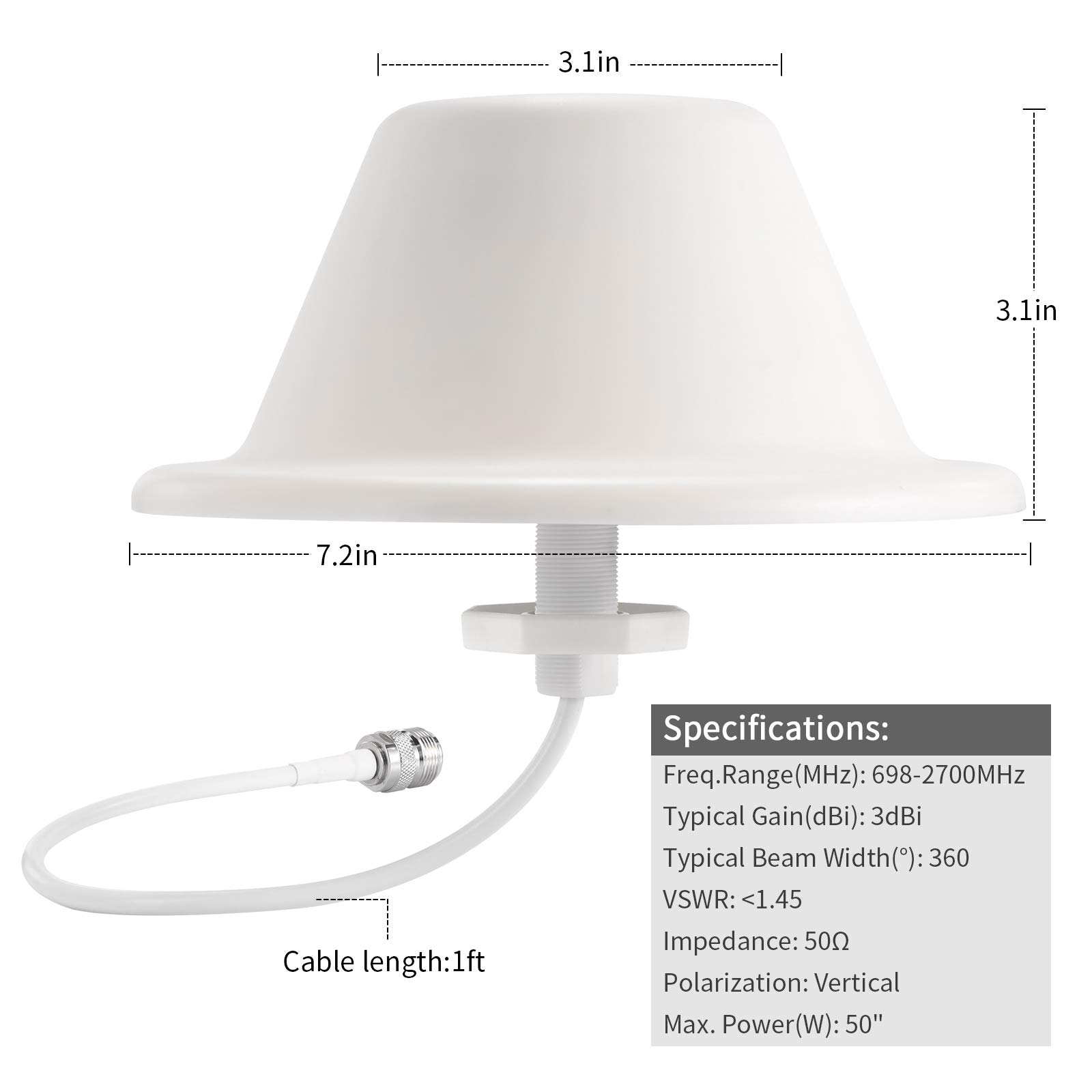Dome Ceiling Antenna, XRDS-RF OmniDirectional Indoor Antenna 3G/4G/GSM/LTE High Performance Wide Band Antenna with N-Female Connector for Cell Phone Signal Booster Router Gateway (698 to 2700 MHz)