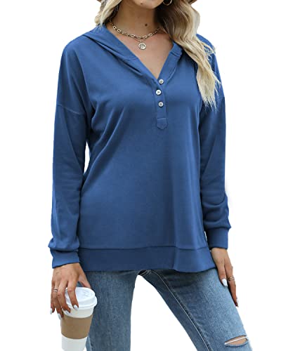 Auremore Womens Hoodies V Neck Long Sleeve Tops Fall Shirts Button Up Fashion Sweaters Blue L