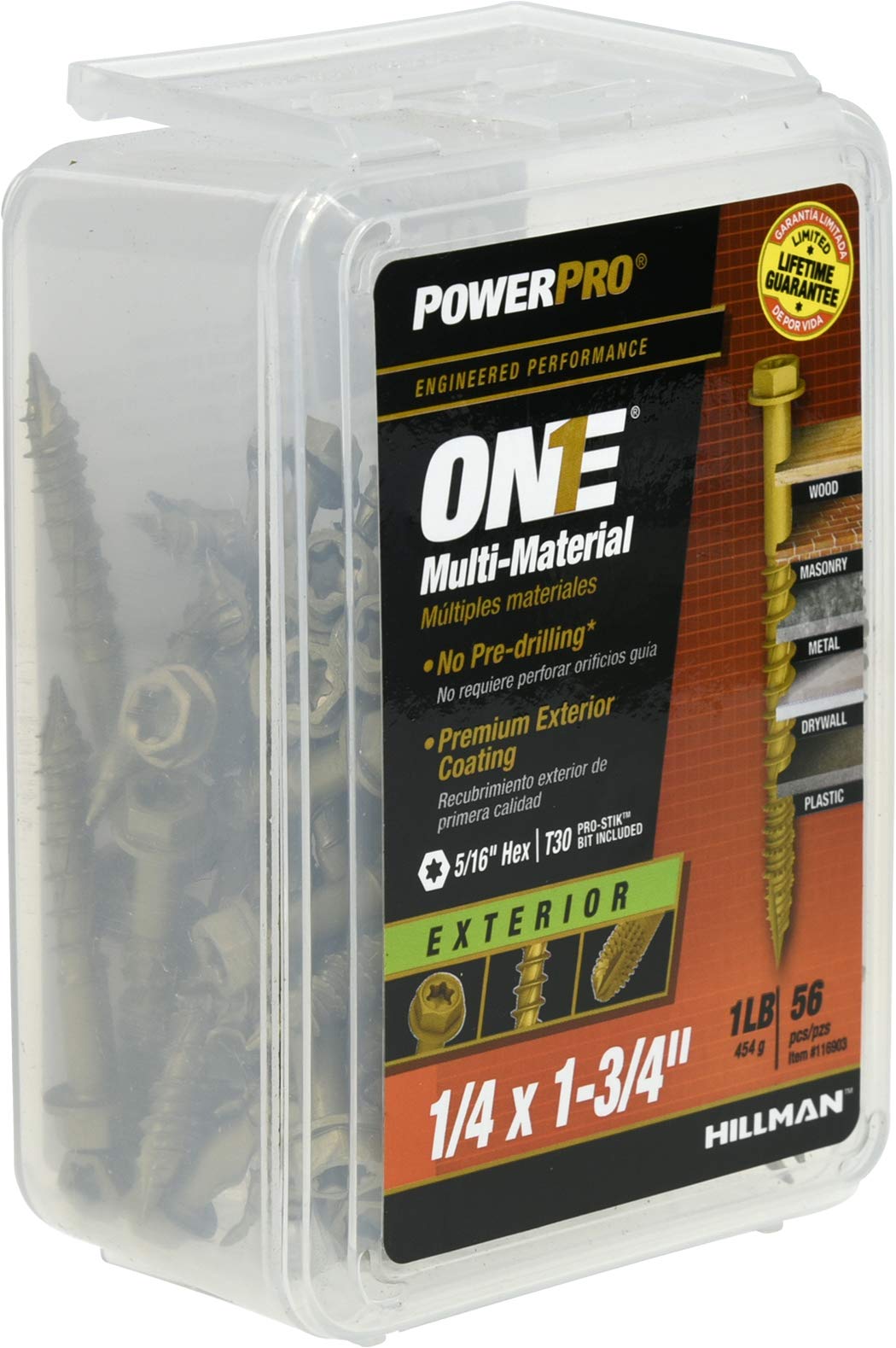 Power Pro Premium One Multi-Material Hex Washer Head Screws, Epoxy Coated Steel, Fasten in Wood, Metal, Concrete, Drywall and Plastic, Bronze, ¼ x 1-¾ inches, Box of 56 Screws