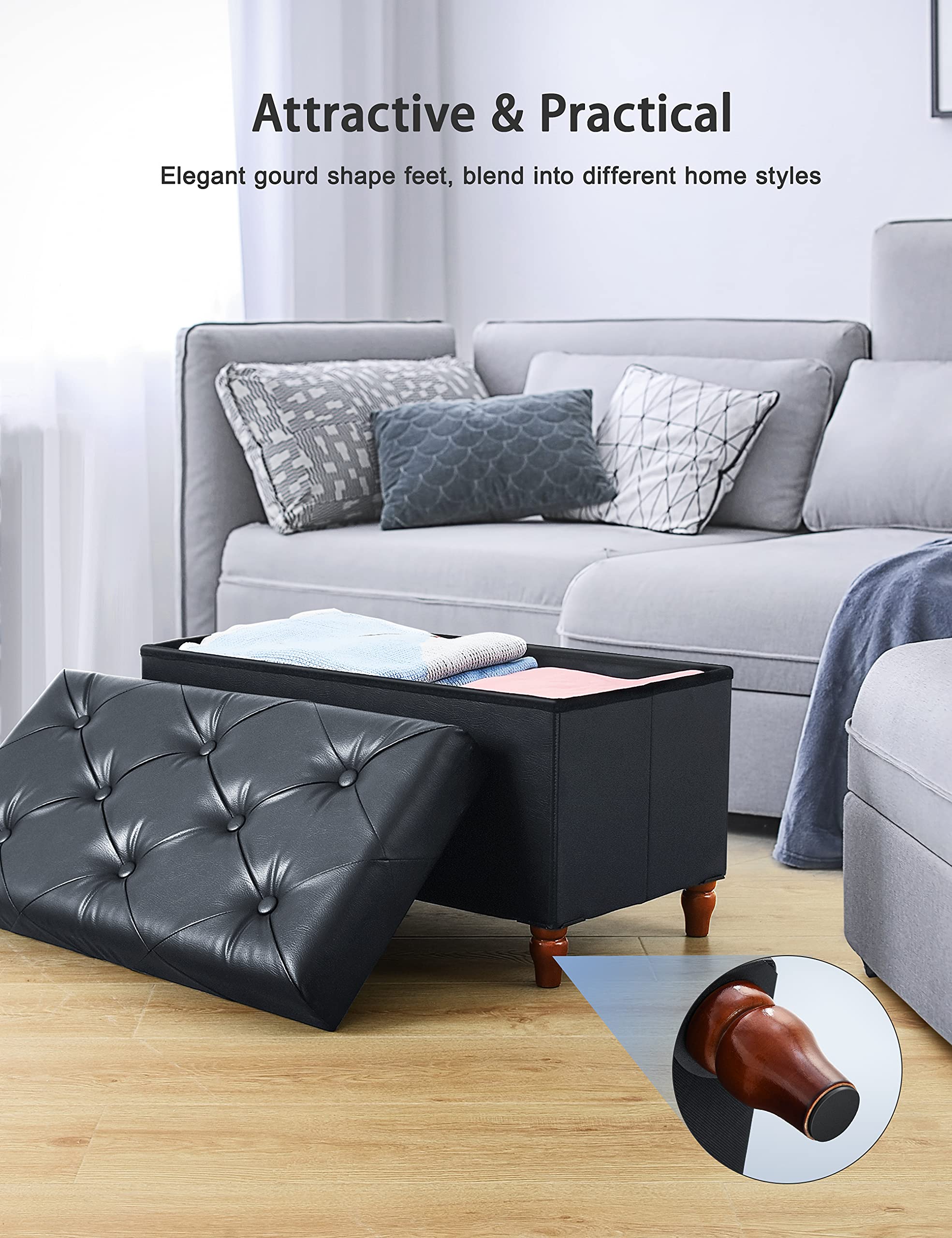 Nicehill 30 inches Folding Storage Ottoman Bench with Wooden Legs, Ottoman with Storage for Living Room & Bedroom,Faux Leather, Load 350lbs, Black