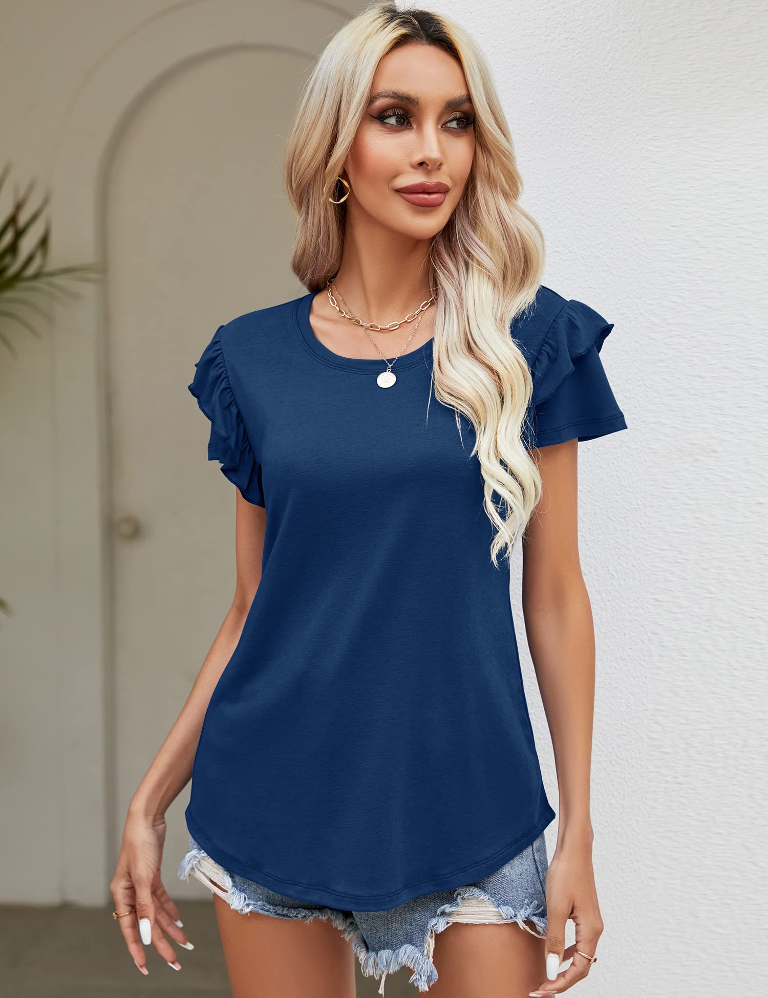 AKEWEI Women's Ruffle Tops Summer Crew Neck Cap Sleeve Shirts Cute Loose Casual Tops Tee Shirt Navy Blue XL