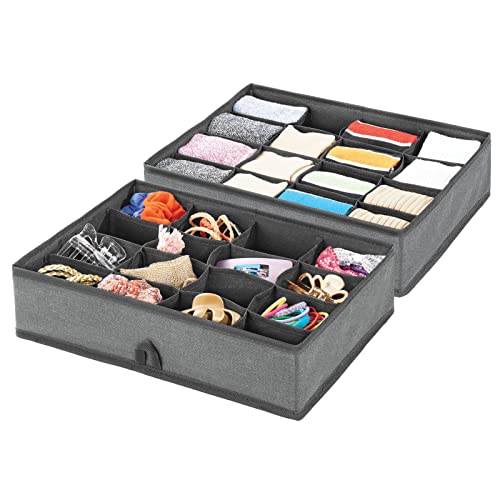mDesign Soft Fabric Dresser Drawer and Closet Storage Organizer Tray - 16 Sections for Lingerie, Bras, Socks, Leggings, Underwear, Jewelry, Scarves - Textured Print, 2 Pack - Charcoal Gray/Black