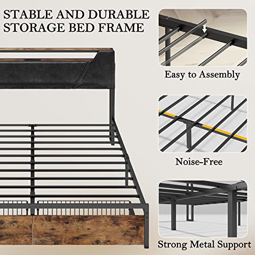 IRONCK Queen Bed Frame with Drawers, Ergonomic Storage Headboard with Charging Station, LED Light, Solid and Stable, No Box Spring Needed