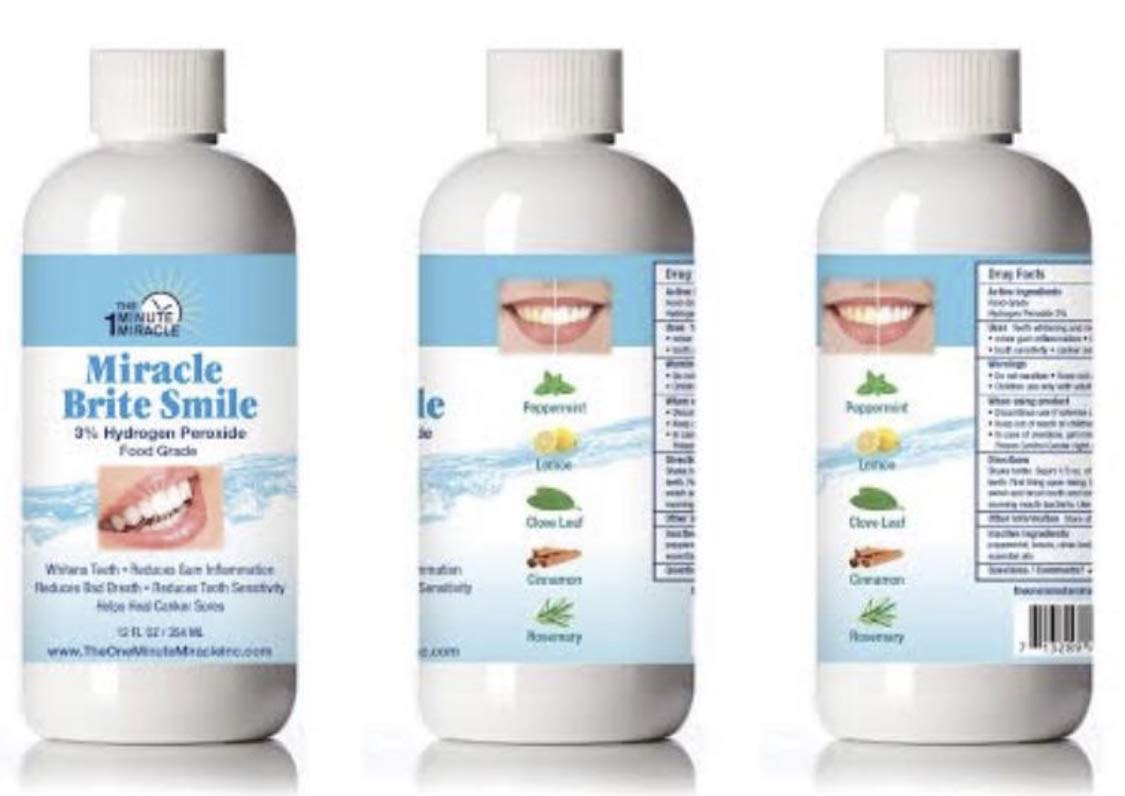 Miracle Brite Smile - 3% Hydrogen Peroxide MedicalFood Grade, Peppermint, Lemon, Clove Leaf, Cinnamon and Rosemary. Organic Essential Oils Leaving a Fresh Breath Mouth. 3 Bottles - 12 oz Bottles.