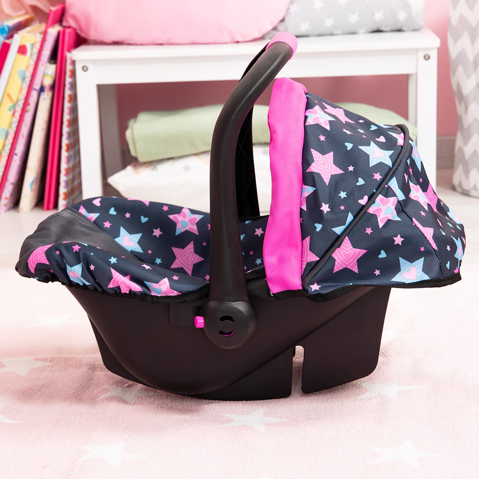 Bayer Design Dolls: Car Seat - Turquoise, Pink, Stars - Fits Dolls Up to 18", Kids Pretend Play, Safety Belt, Sun Canopy, Ages 3+