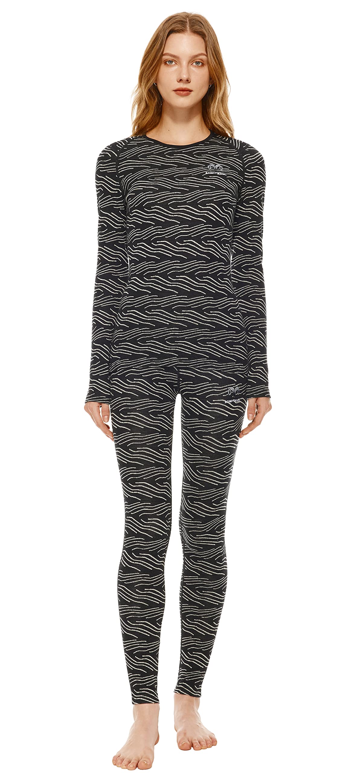 Adeptwool Women's Merino Wool Base Layer John Sets Crewneck Top Bottom Thermal Underwear, Wave, Small