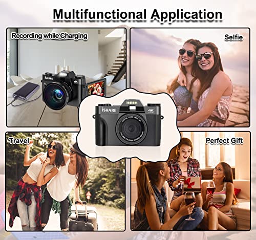 ISHARE Digital Camera for Photography 48MP Vlogging Camera, 4K Video Camera for YouTube with WiFi, 3.0 Inch Flip Screen, 16X Digital Zoom Camcorder with 32GB Micro Card