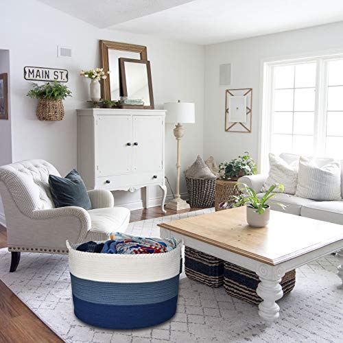 COMSE Extra Large Blanket Basket, Storage Basket, Laundry Basket, 21.7βx 13.8β, Laundry Hamper, Cotton Rope Basket, Blanket Basket Living Room, Toy Basket (White & Cadet Blue & Navy Blue)