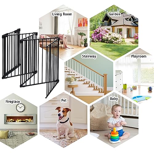 Costzon Baby Safety Gate, 121 Inch Length 5 Panel Adjustable Wide Fireplace Fence, BBQ Metal Fire Screen Gate, Pet Isolation Fence with Walk-Through Door, Freestanding Pets Gate (Black, 5-Panel)