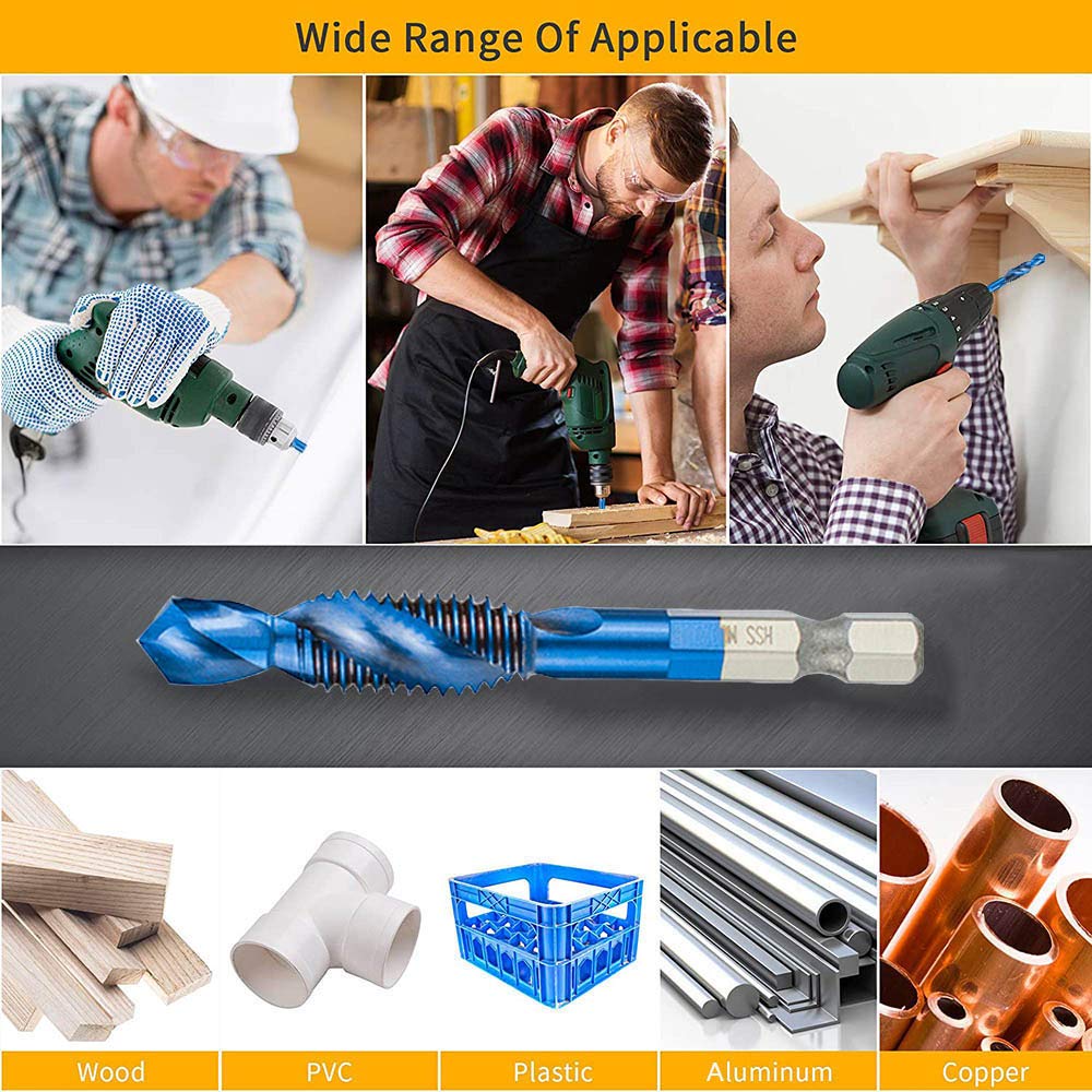 6 Packs Combination Drill & Taps Bit Set, Screw Tapping in 6 Sizes Metric Thread M3 M4 M5 M6 M8 M10 with Nano Blue Coating, Hex Shank