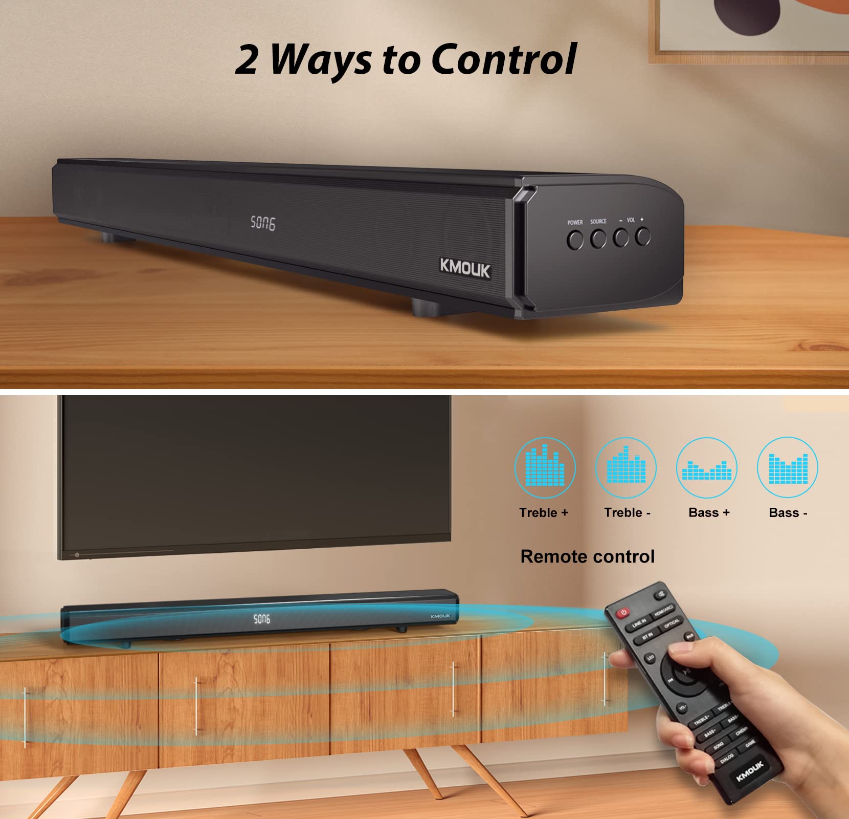 Sound Bars for TV, KMOUK Sound Bar with Built-in Dual Subwoofers, Soundbar with 6 Speakers, 4 Equalizer Mode Bluetooth 5.0, HDMI ARC/Optical/AUX Connection, 100W Soundbar 2.1 with Bass