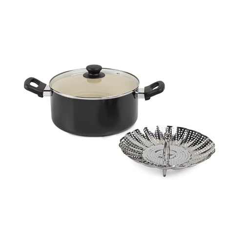 Amazon Basics 11-Piece Ceramic Non-Stick Pots and Pans Set, Dishwasher & Oven Safe, Non-Toxic, Easy Clean, Black/Cream