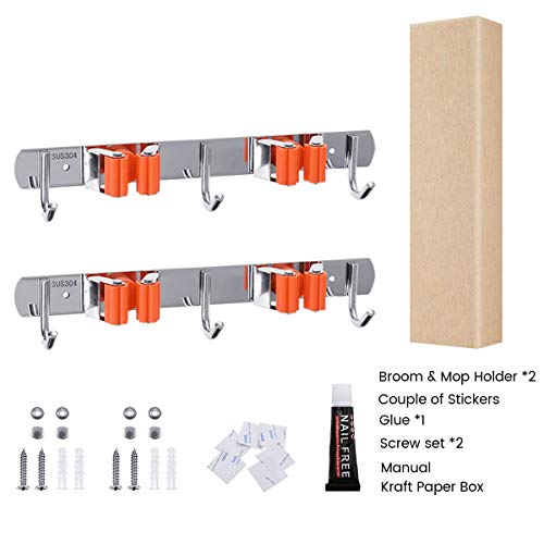 MOHOO 2 Pack Broom Holder Wall Mount Stainless Steel Wall Mounted Storage Organizer Heavy Duty Tools Hanger with 4 Racks 6 Hooks for Bathroom Kitchen Office Closet Garden