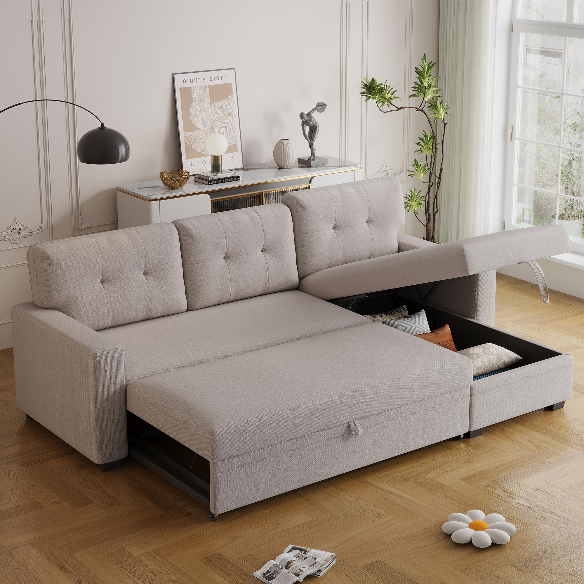 Acosure 82" Upholstered Pull Out Sofa Bed with Storage Chaise,Linen Reversible Couch W/Tufted Backrest,3 Seater Sectional Sleeper for Living Room Apartment Office,Beige