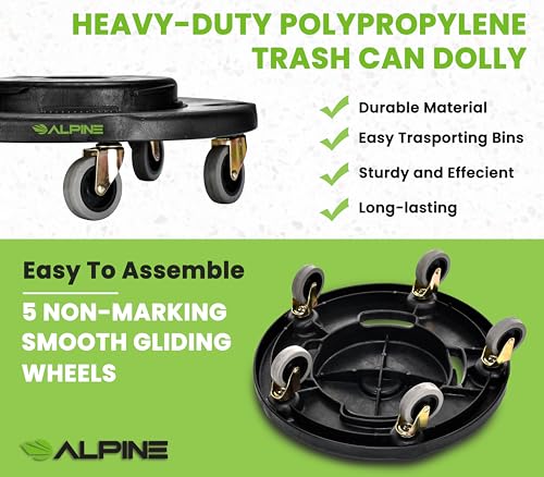 Alpine Rolling Brute Trash Can Dolly - Trash Can Dolly with Wheels/Trash Can Roller Base for Round 20, 32, 44, or 55 Gallon Garbage Bins, Heavy Duty Holds Up to 500lbs (Black)
