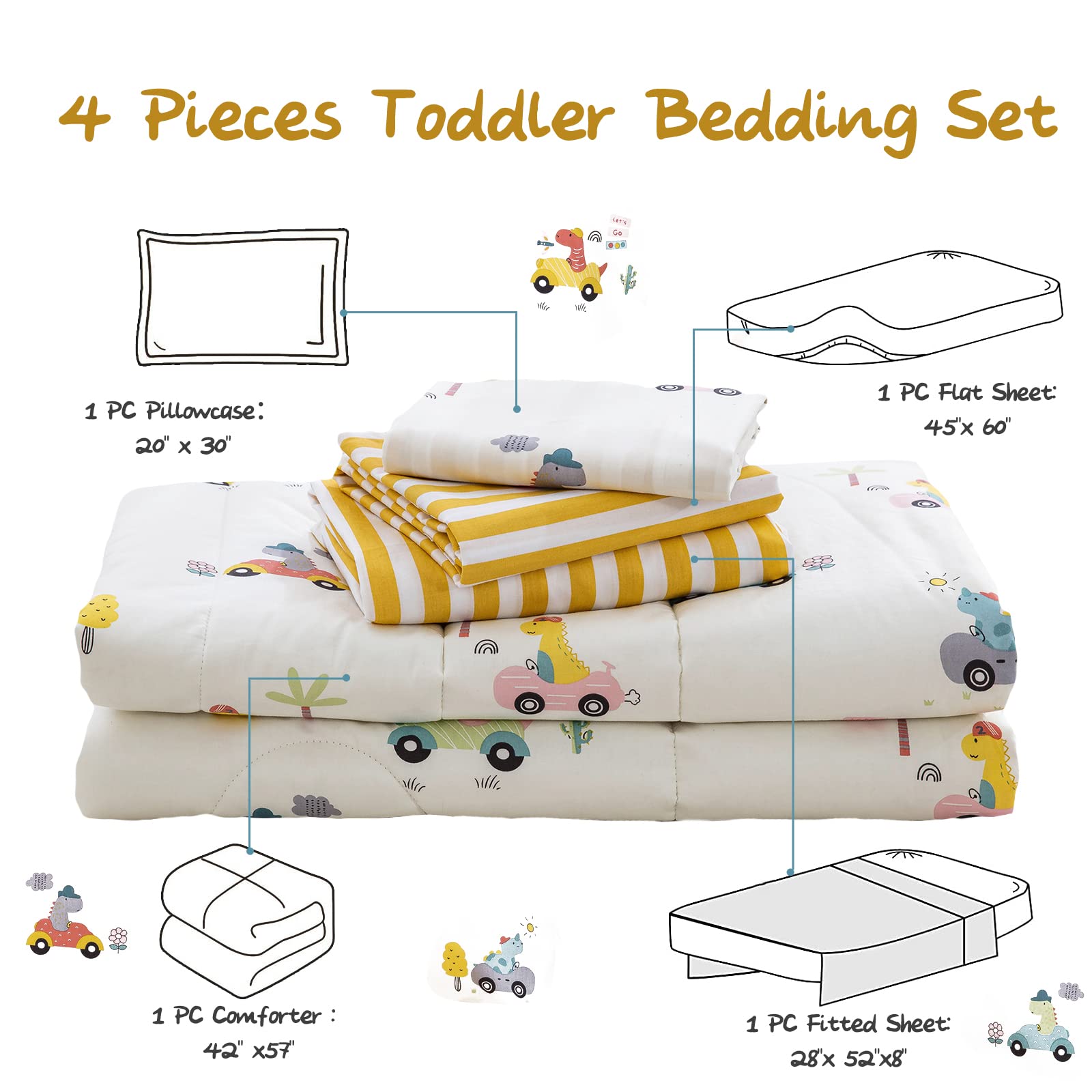4pcs Cotton Comforter Set for Kids, Dinosaur Car Toddler Bedding Comforter for Boys Girls, Soft Reversible Bedding Set for All Season (1 Comforter,1 Flat Sheet, 1 Fitted Sheet and 1 Pillowcase )
