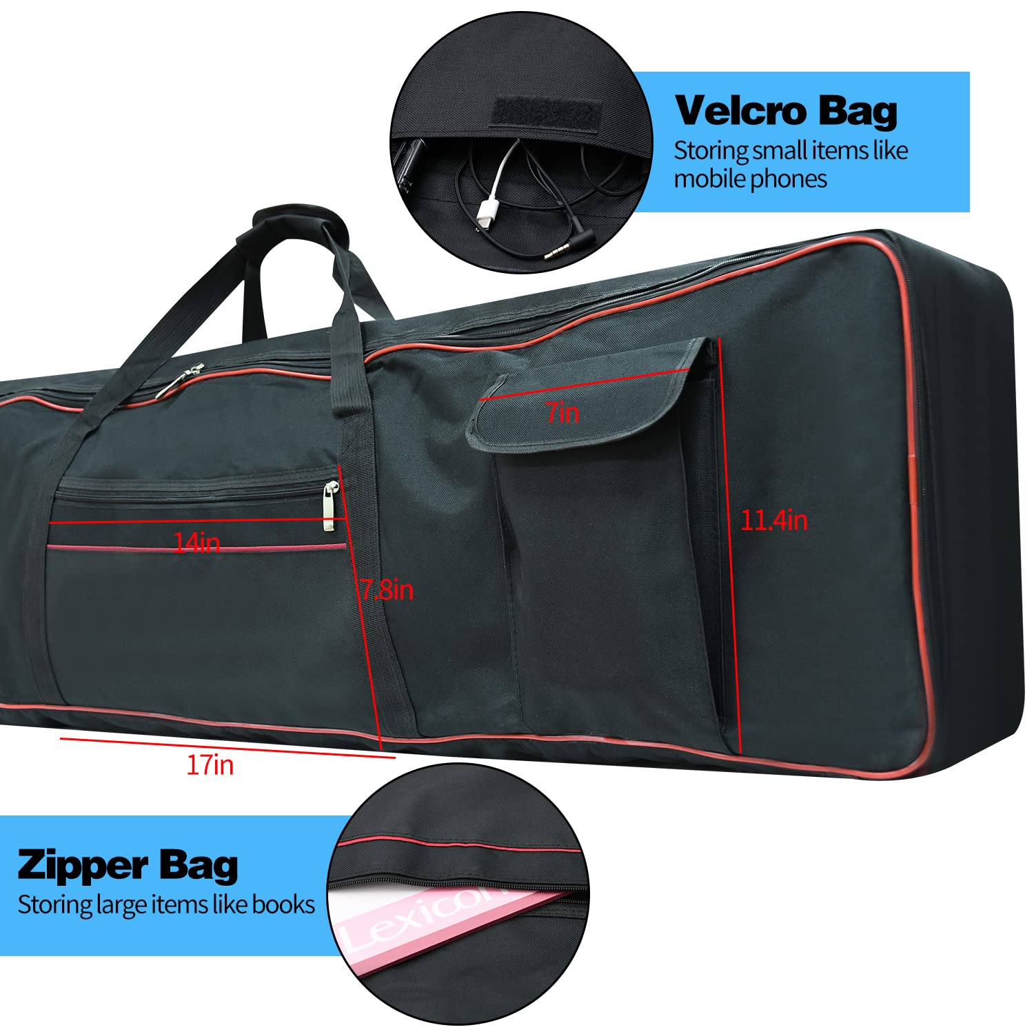 61 Key/88 Key Keyboard Case, Keyboard Gig Bag with Handles and Adjustable Shoulder Straps, Keyboard Gig Bag with 2 Pocket for Mobile Phone Sustain Pedals, Cables (88 Keys, 53.5"×13“×6.7”)