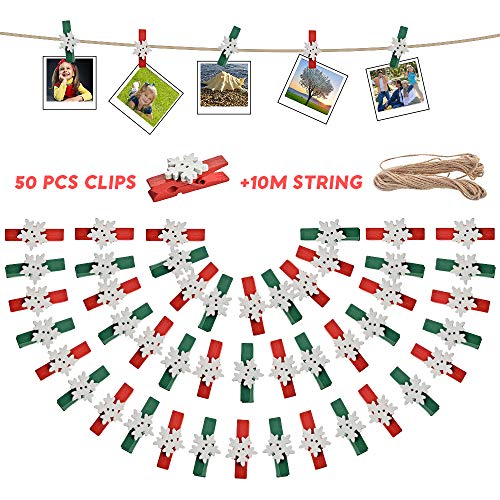 papasgix Christmas Clothes Pins Mini Clothespins Colored, 50PCS Mini Wooden Snowflake Clothespins for Photo Wall, Christmas Tree, Wedding Hanging Pictures, Paper Craft, Classroom Arts Projects Wall