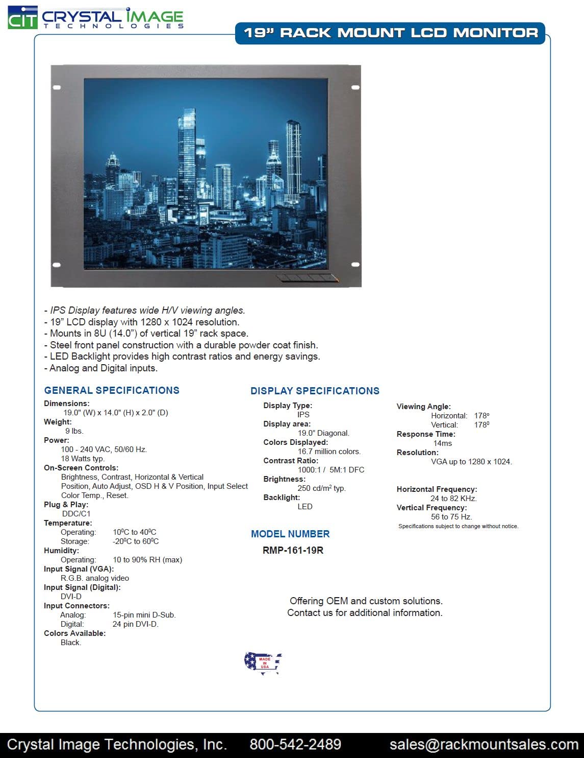 Crystal Image Technologies - Rackmount LCD Panel, 8U 19" Rackmount Monitor, 1280 X 1024, VGA & DVI Input, LED Backlight Technology