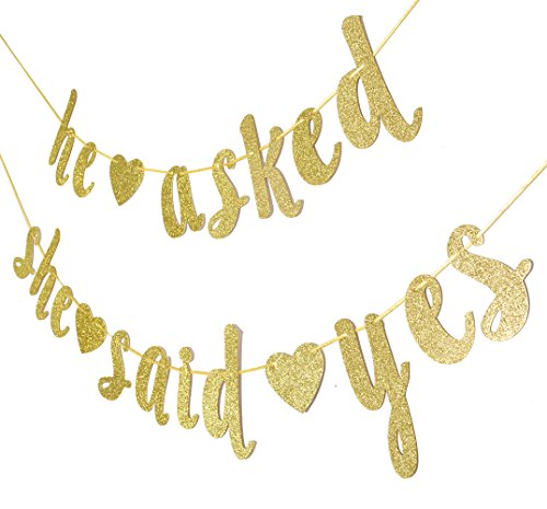 He Asked She Said Yes Gold Glitter Banner - Wedding, Engagement, Bridal Shower Party Decorations