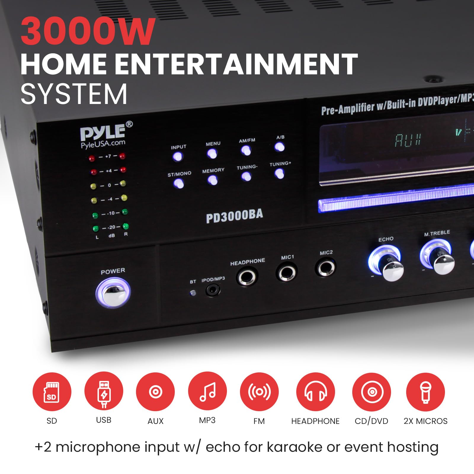 Dana Trading Pyle 4-Channel Home Theater Bluetooth Amplifier Receiver-3000 Watt Stereo Speaker Home Audio Receiver w/ Radio,USB,2 Microphone w/ Echo for Karaoke,CD DVD Player,LCD,Rack Mount-PD3000BT