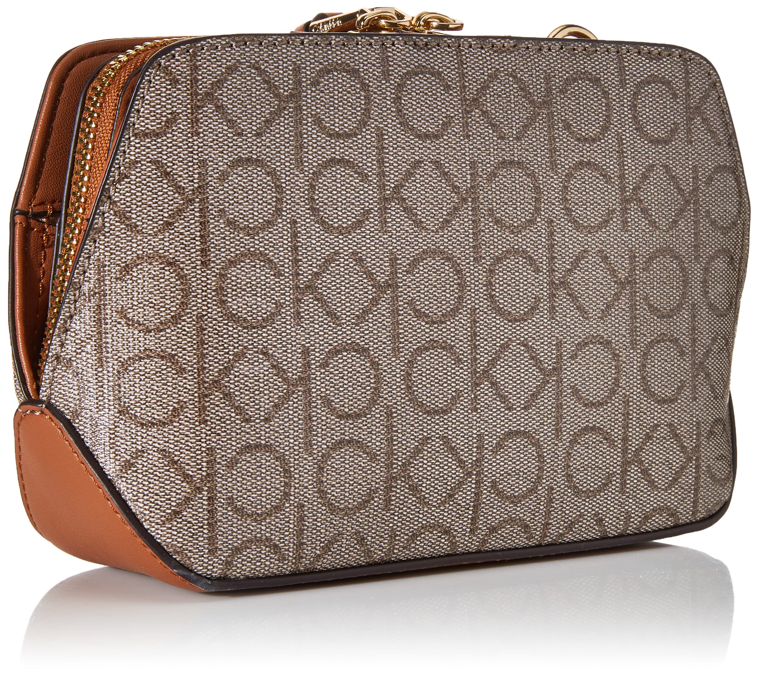 Calvin Klein Women's Lucy Triple Compartment Crossbody, Almond/Taupe/Floral, One Size