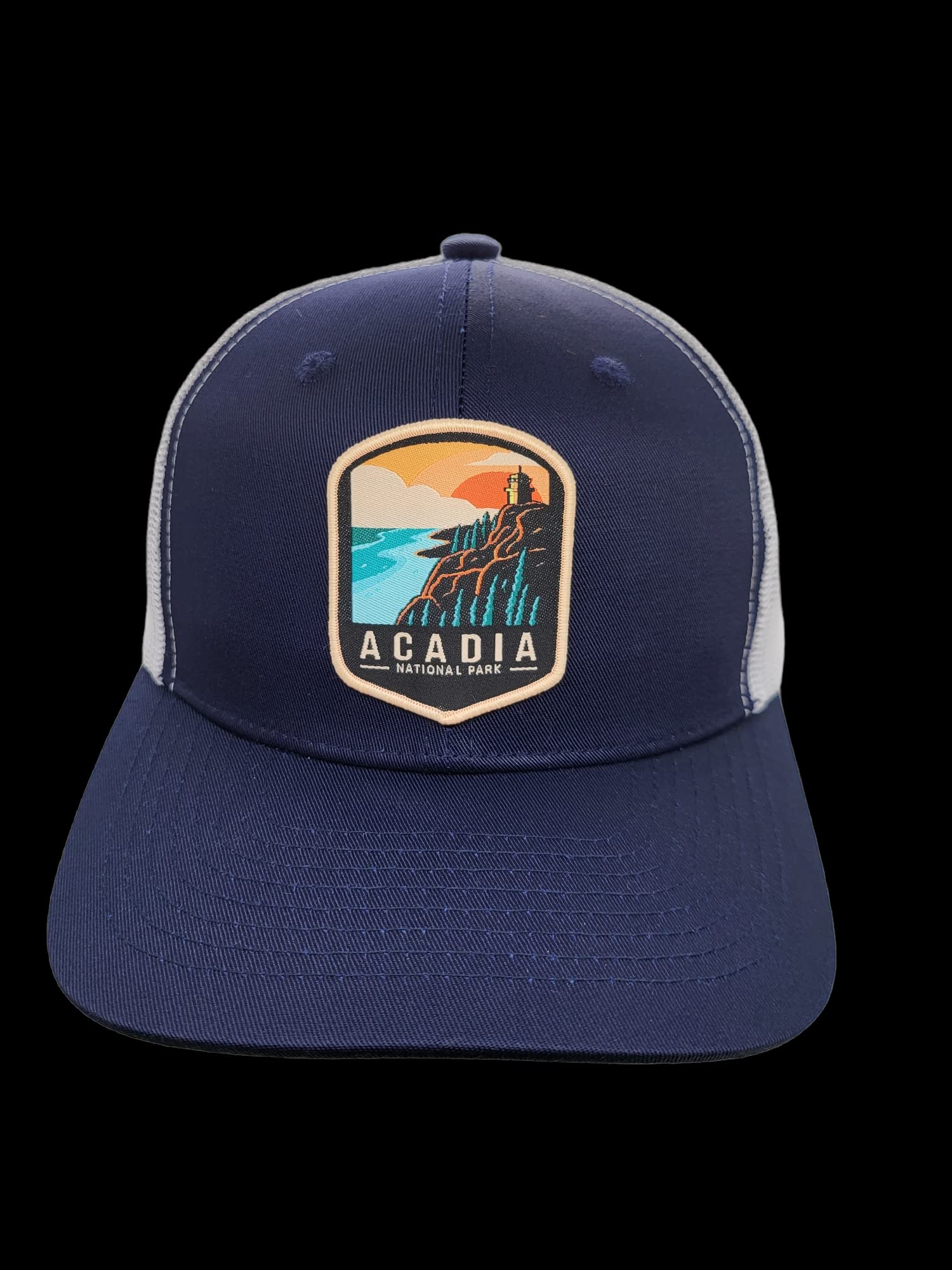 Acadia Trucker Hat with National Park Woven Patch (Navy/White)