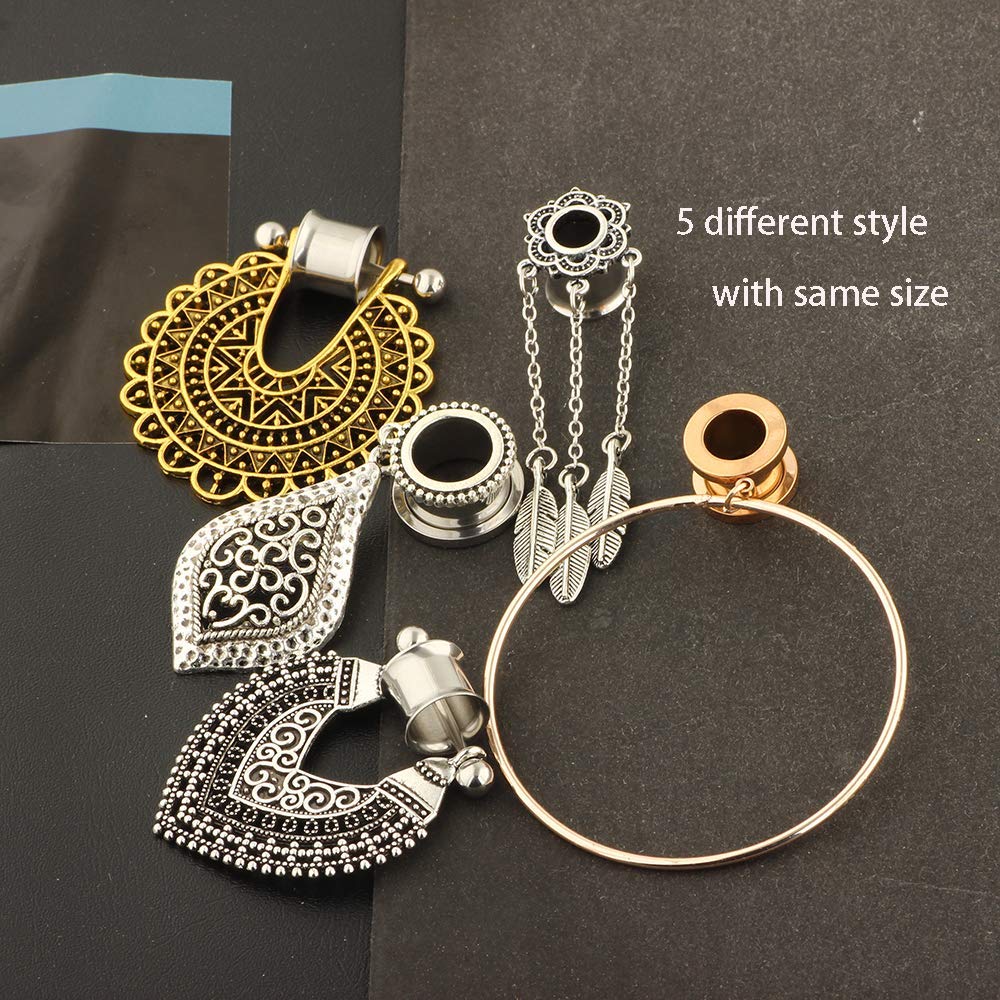 5 Pairs Stainless Steel Ear Tunnels Dangle Gauges For Women Rose Gold Hoop Double Flare Plugs Stretcher 00g Piercing Set (10mm=00g)