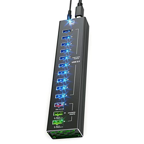 LATORICE USB Hub Powered, 13 Multi-Port USB Hub with 10 USB 3.0 Ports 2 IQ Quick Charge Ports, and Port with up to 2,4A Power, Powered USB Splitter with Cords C and A, Unibody Aluminum USB HUB