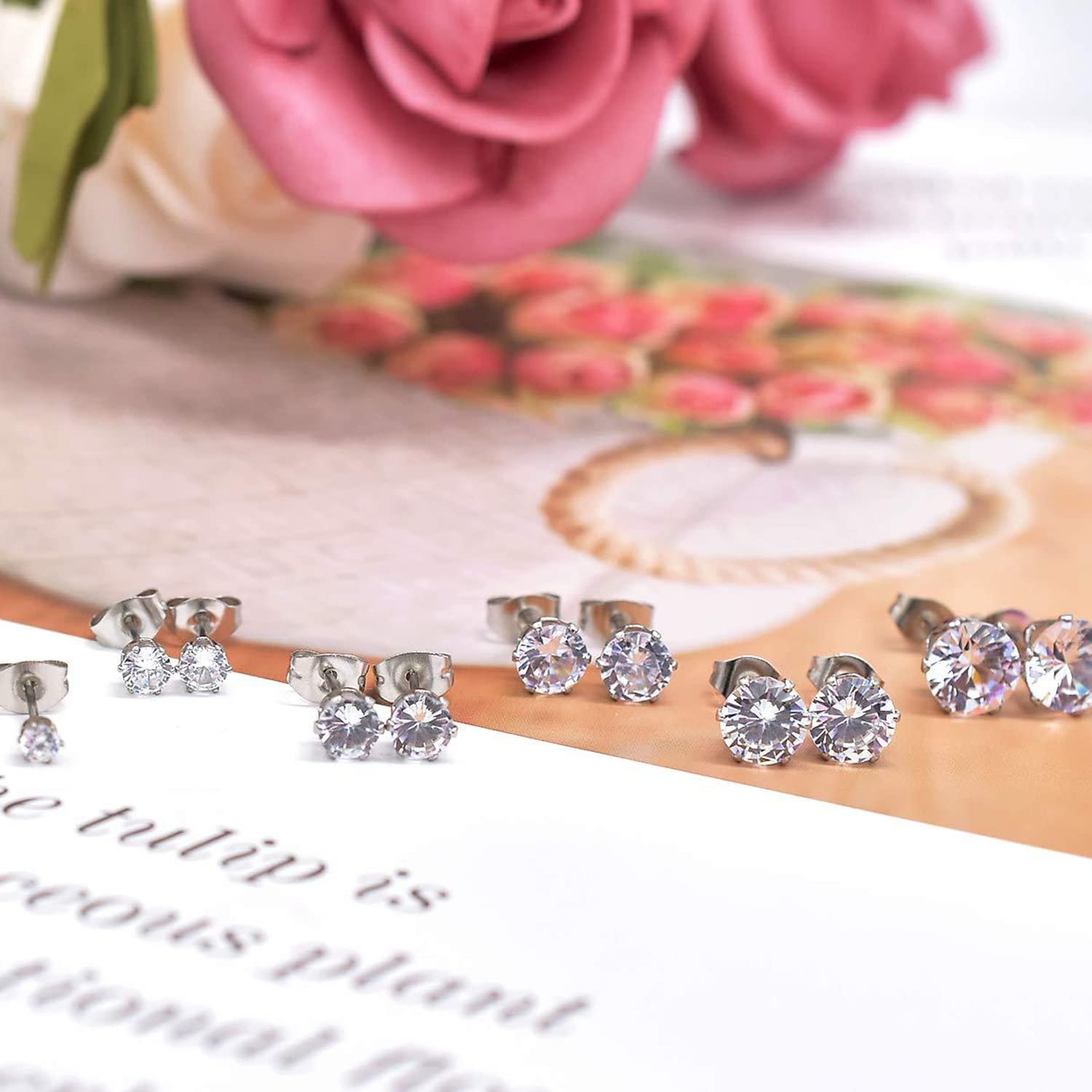 5 Pairs Stud Earrings Set for Women Gold Silver Diamond Earrings Hypoallergenic Cubic Zirconia Earrings Studs Clear CZ Earings 4-8mm Post