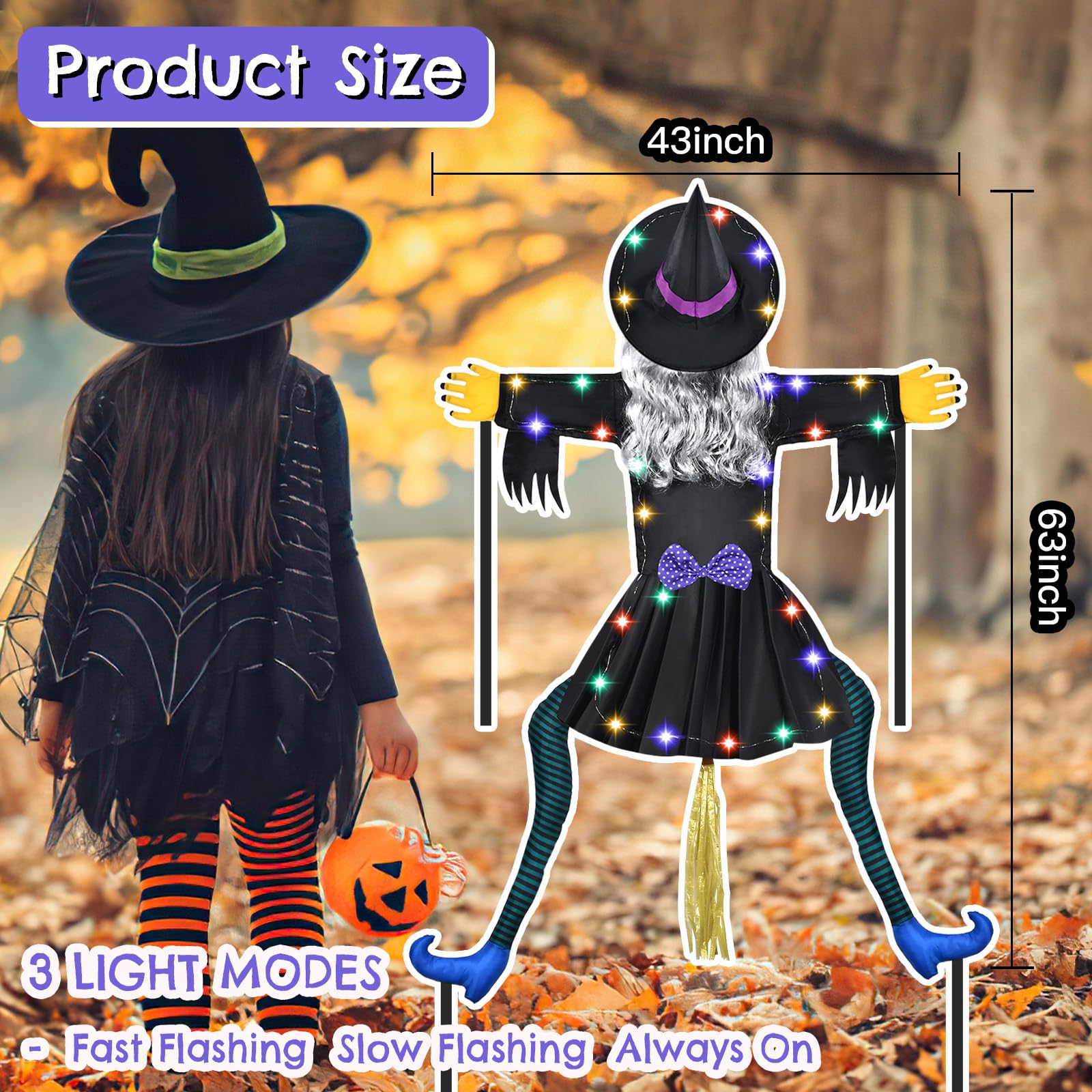 63" Large Crashing Witch Into Tree Halloween Decoration with Led Lights, Hanging Witch Cute Halloween Decorations Outdoor Crashed Witch Props Ornaments for Front Yard Tree Porch Lawn Garden Patio