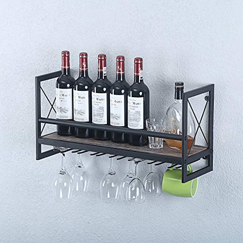 MBQQ Industrial Wine Racks Wall Mounted with Stemware Racks,23.6in Rustic Metal Hanging Wine Holder,Bottle Holder with 7 Stem Glass Holder,Metal&Wood Shelves Home Decor Wall Shelf