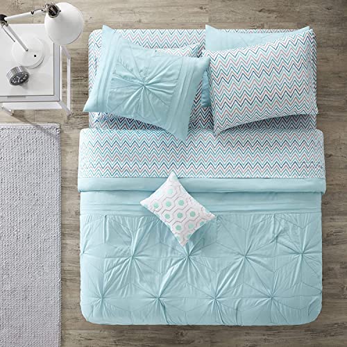 Intelligent Design Toren Complete Bag Tufted Embroidered Comforter with Sheet, Season Bedding Set, Full, Aqua