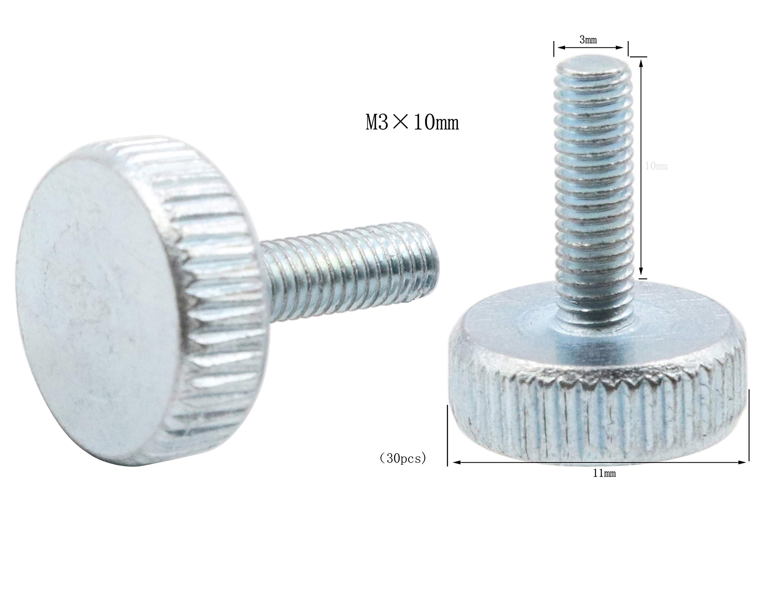 LBY 30pcs Knurled Hand Screw, M3 x 10mm Flat Knurled Head Fully Threaded Thumb Screws(Single Layer Step), Carbon Steel Galvanize