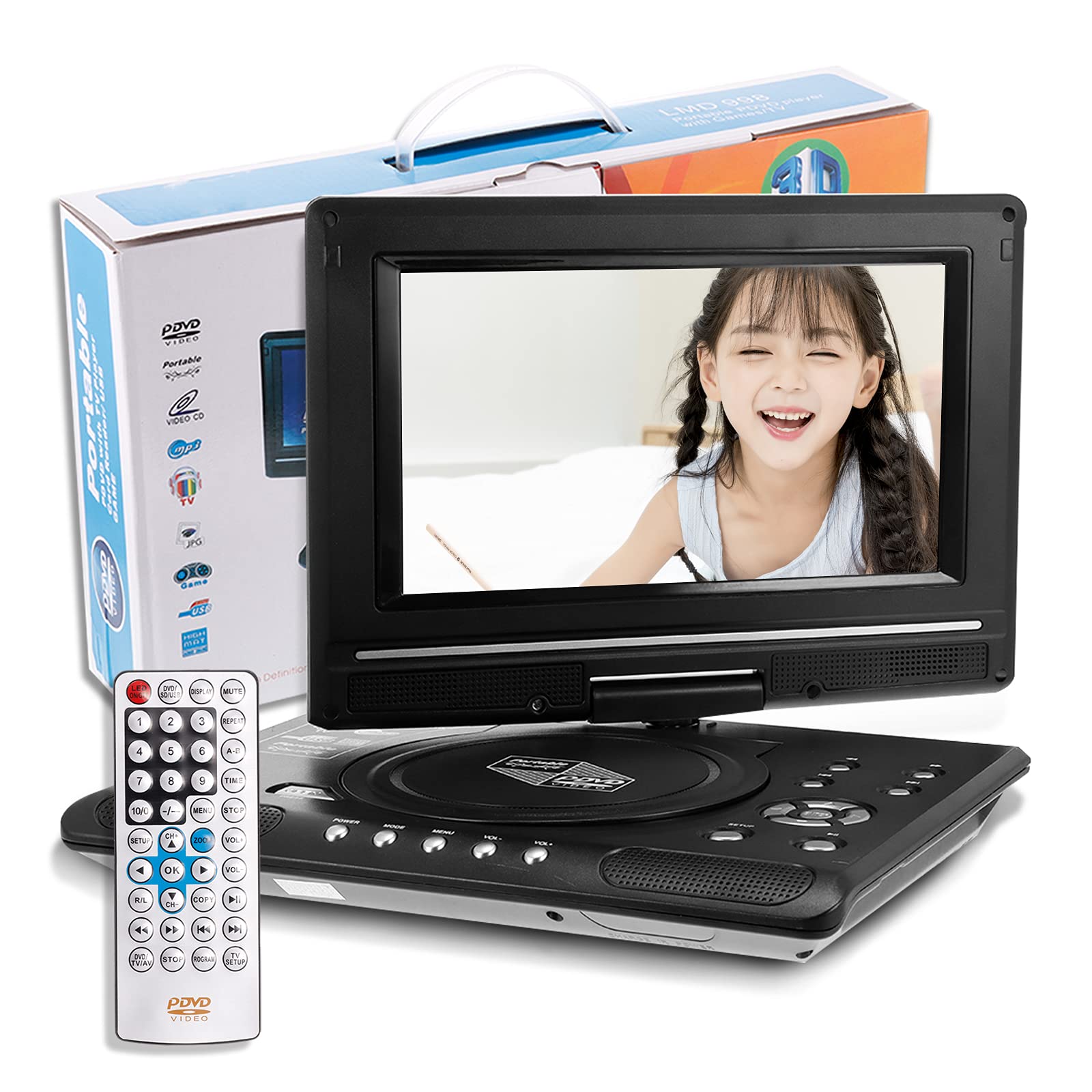9.8'' Portable DVD Player with SD Card/USB Port, Mobile DVD Player with 270 Degree Swivel Screen, High Definition CD Video Player for Kids, Support AV-in/Out