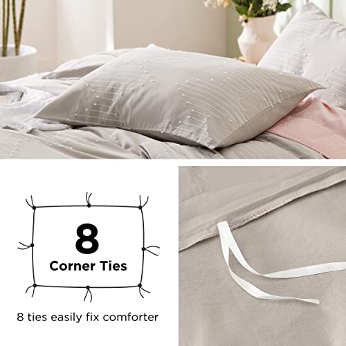 Bedsure Cotton Duvet Cover Queen Size - 100% Washed Cotton Duvet Cover Set, Linen Color, 3 Pieces Boho Stripe Jacquard Soft Bedding for All Seasons with 2 Pillowcases, Zipper Closure (Queen, 90"x90")